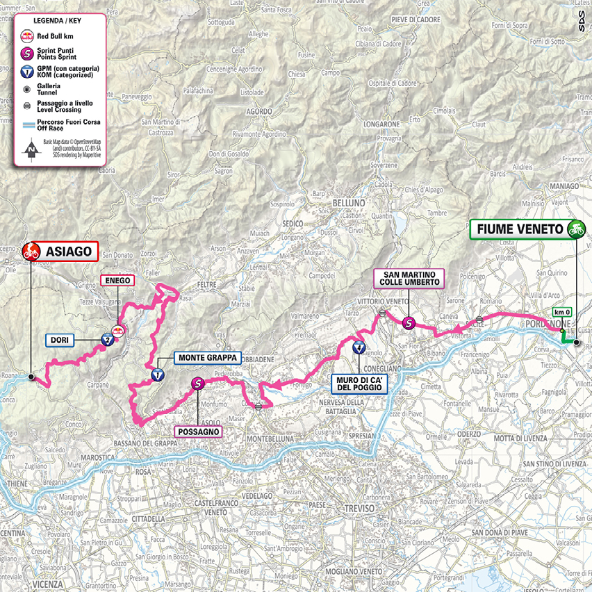 Tappa 15 Giro d'Italia Fiume Veneto-Asiago con il Grappa: percorso ...